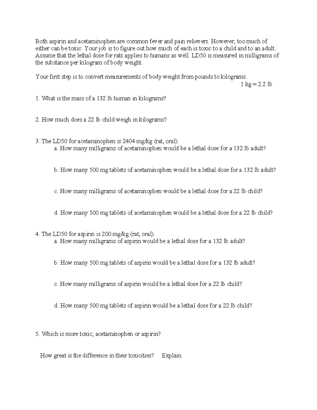Chemistry LD50 Worksheet: Toxic Doses for Aspirin & Acetaminophen - Studocu