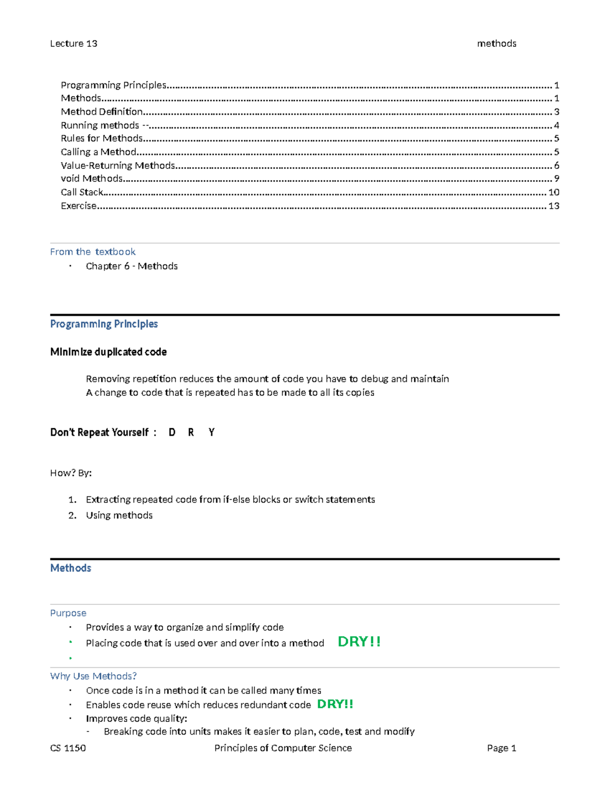 CS 1150 Programming Principles 1: Understanding Methods and Their Usage - Programming - Studocu