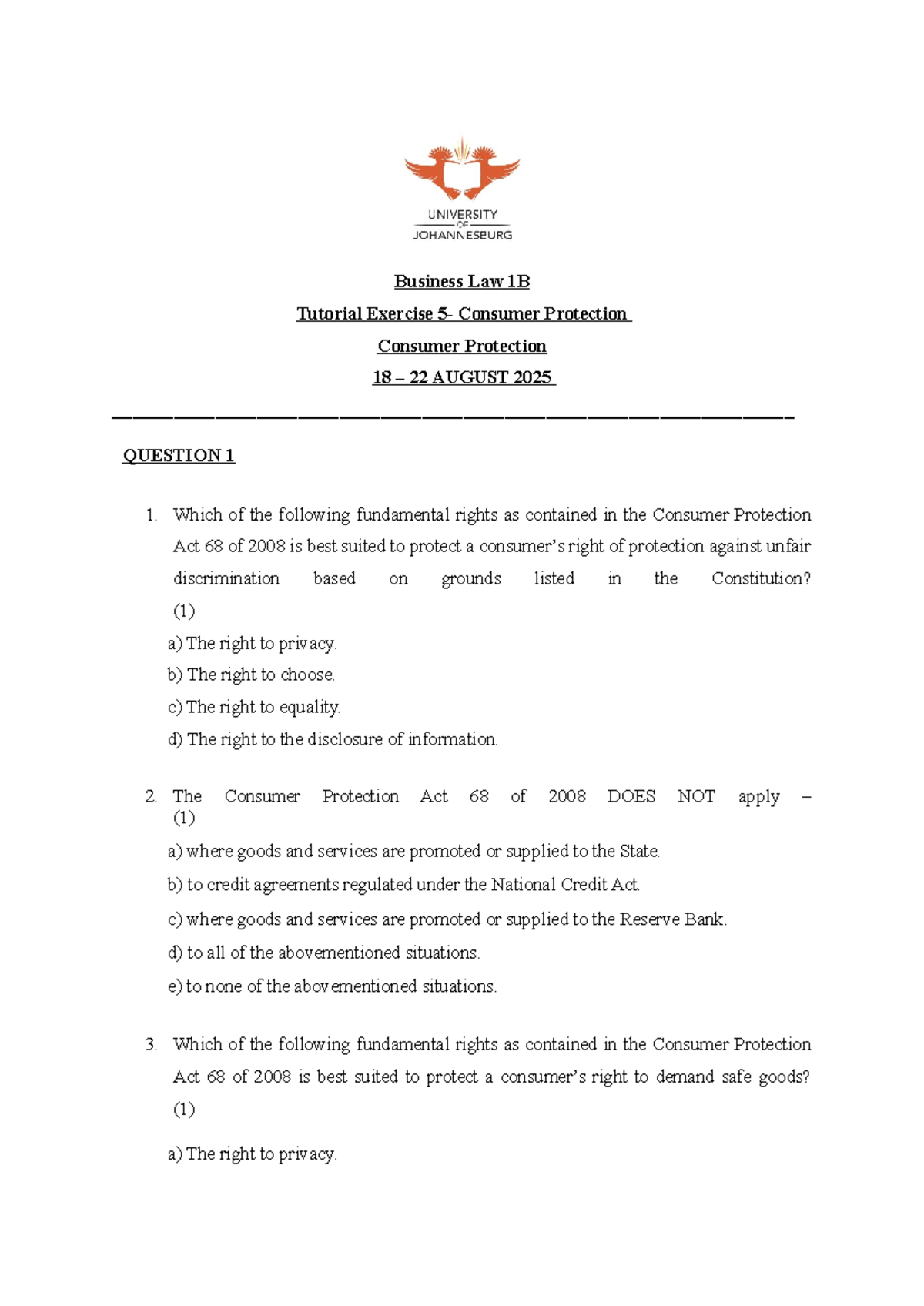 Business Law 1B Tutorial Exercise: Consumer Protection Insights - Studocu