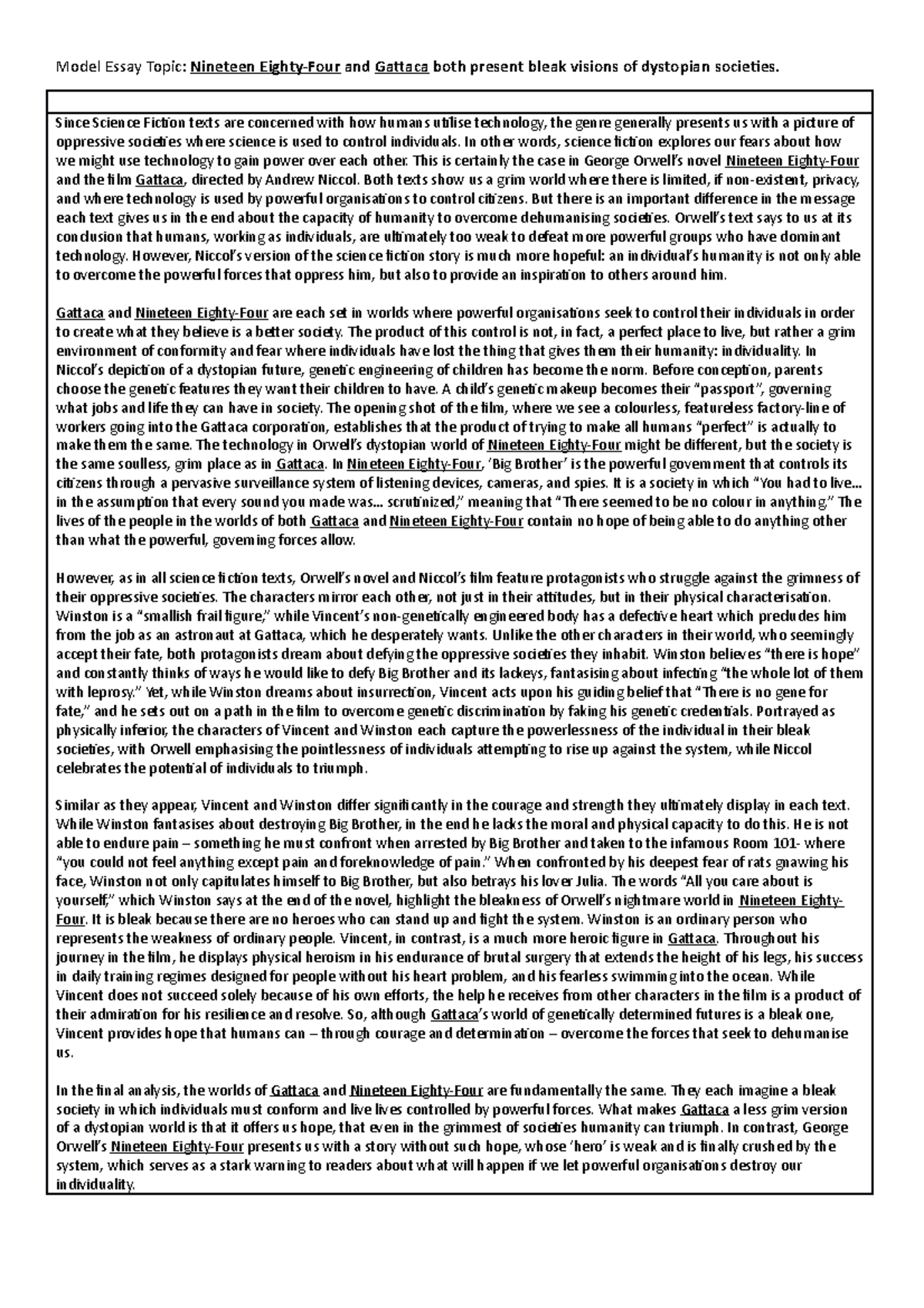 Comparative Analysis Sample Essay Gattaca and 1984 - Model Essay Topic ...