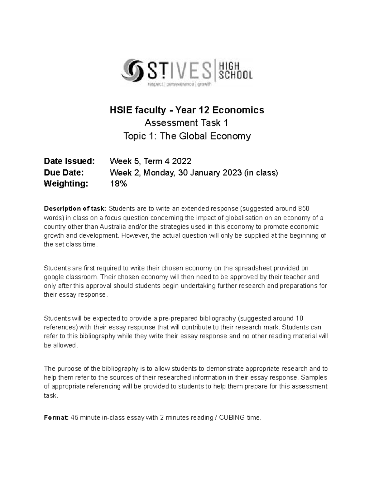 HSIE Year 12 Economics Assessment Task 1: Global Economy Impact Essay ...