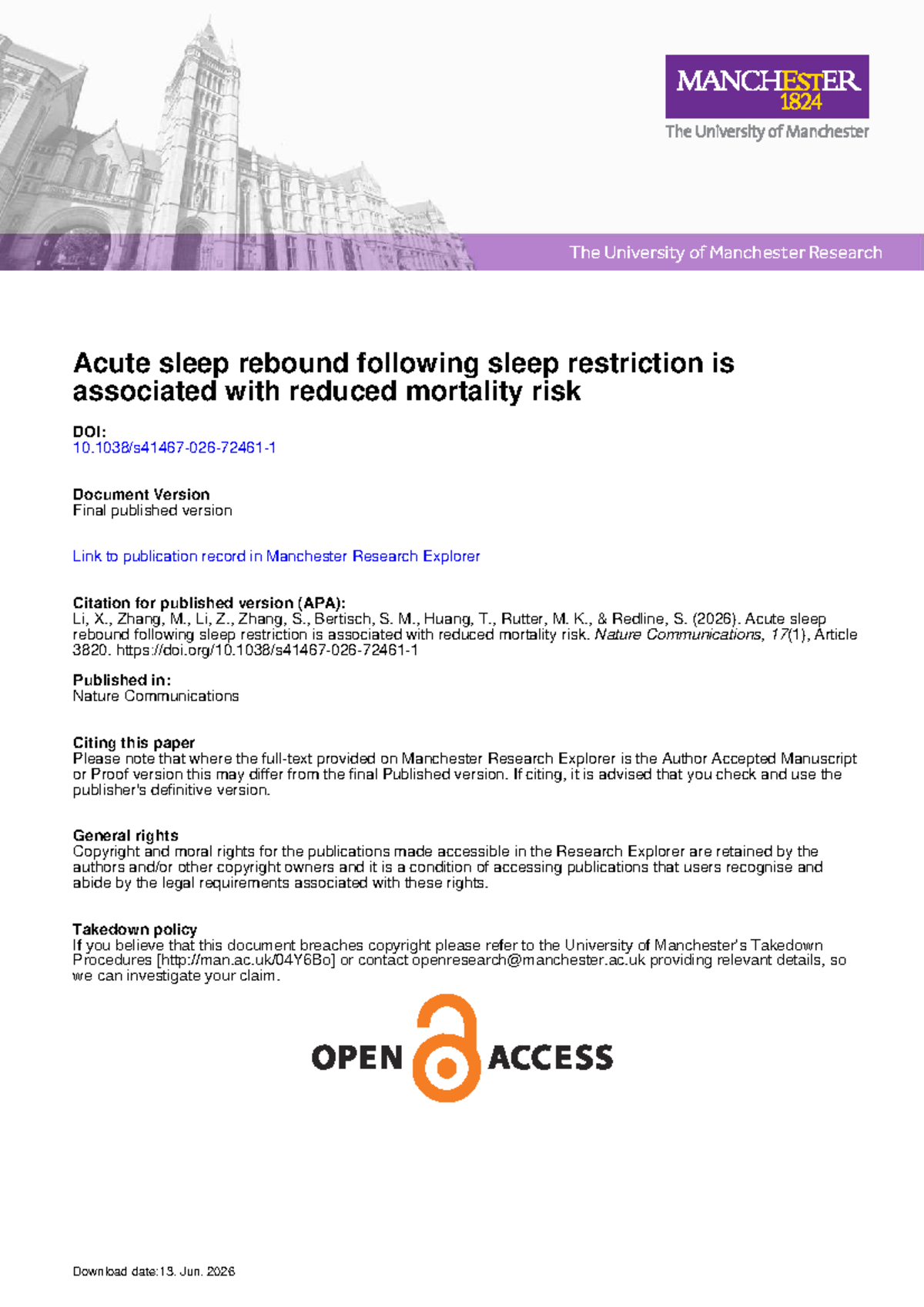 Acute Sleep Rebound and Mortality Risk: Insights from UK Biobank (2026 ...