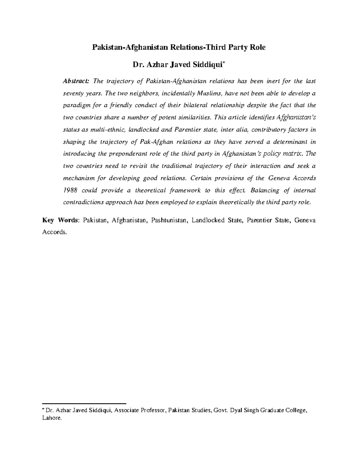 Pakistan-Afghanistan Relations: A Third Party Perspective on Bilateral ...