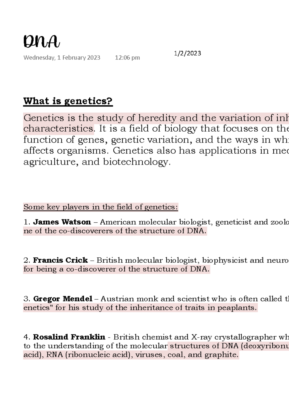 Genetics and DNA - Key Concepts and Notes for Study (BIO101) - Studocu