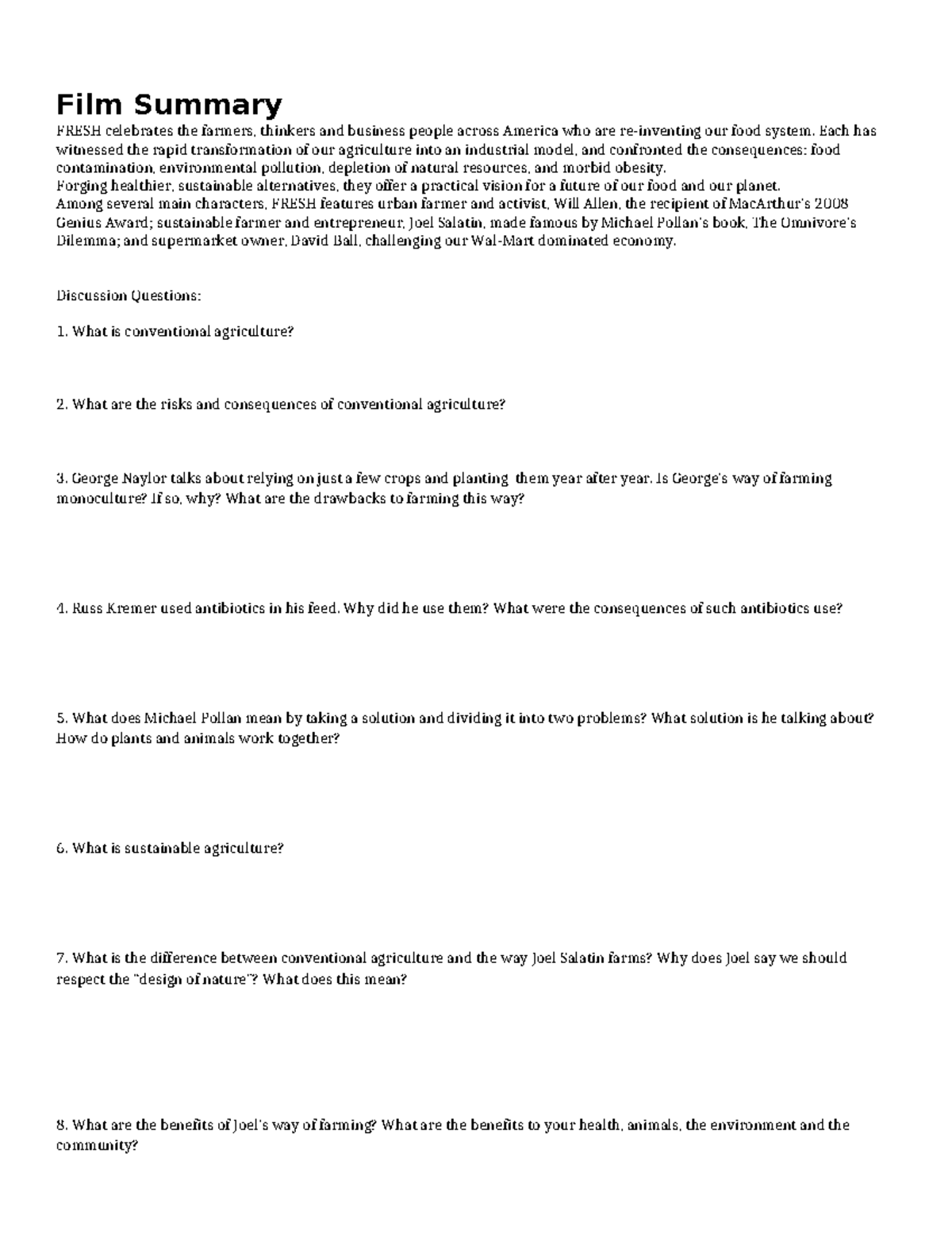 FRESH Film Discussion Questions: Exploring Sustainable Agriculture ...