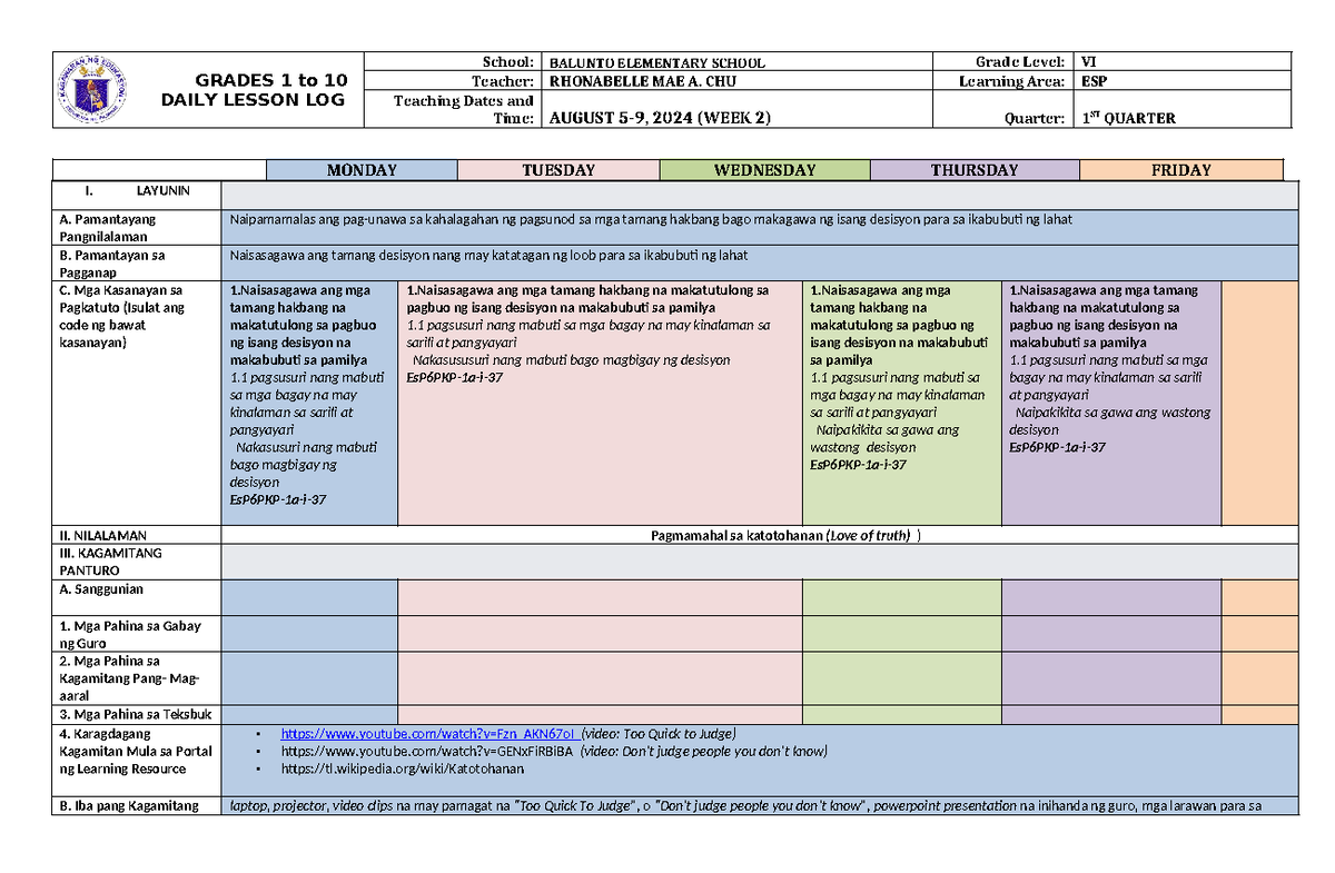 DLL ESP 6 Q1 W2 - Daily Lesson Log for Grade VI ESP - Studocu