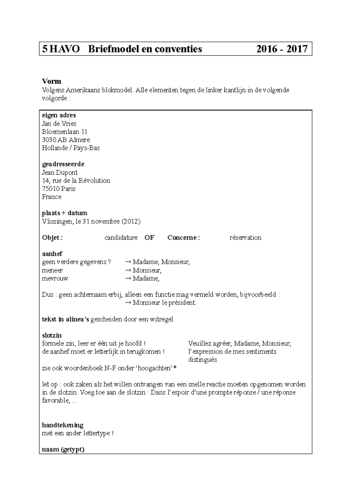Briefmodel voor Formele Brieven - 5 HAVO 2016-2017 - Studeersnel