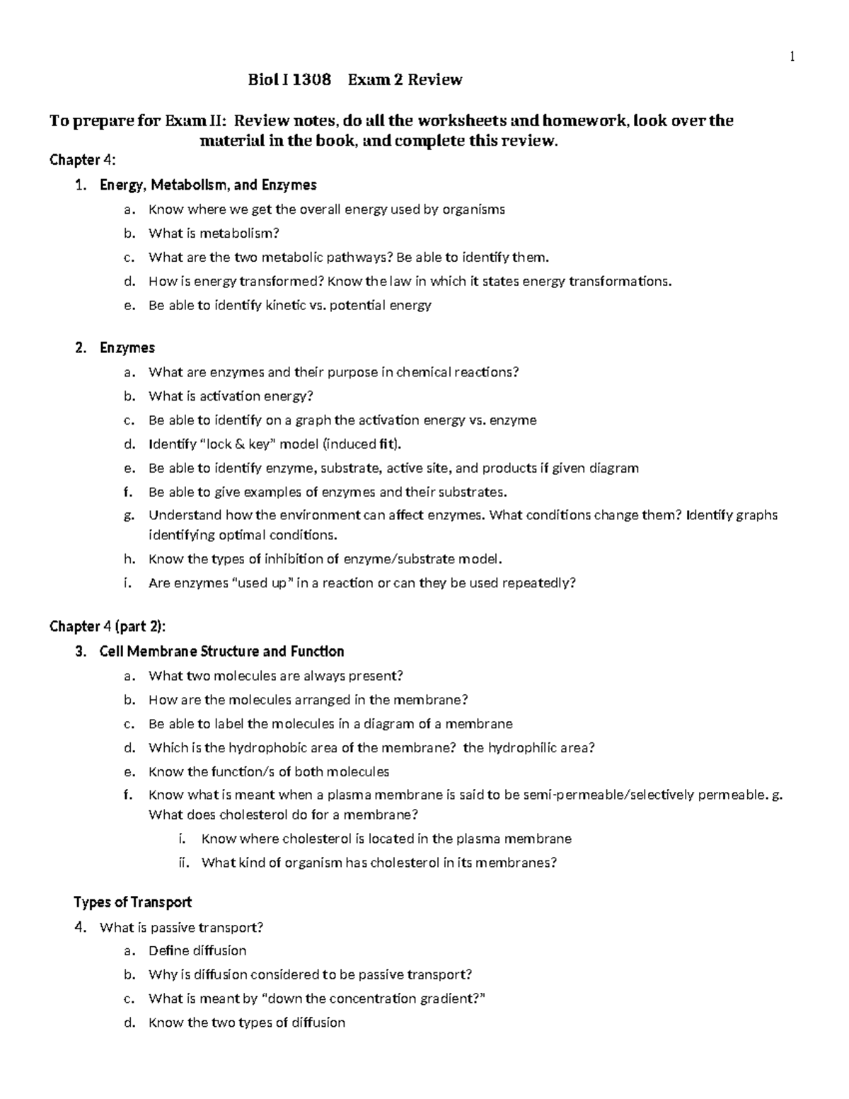 Biol I 1308 Exam II Review: Energy, Metabolism, Enzymes & Transport ...