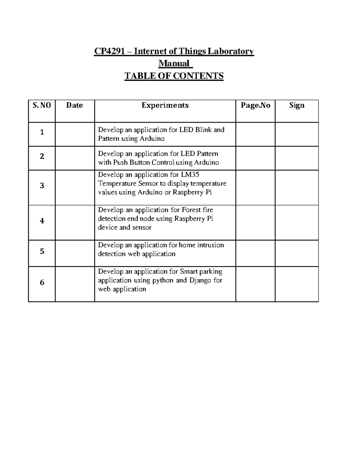 CP4291 Internet of Things Lab Manual: Experiments Overview - Studocu