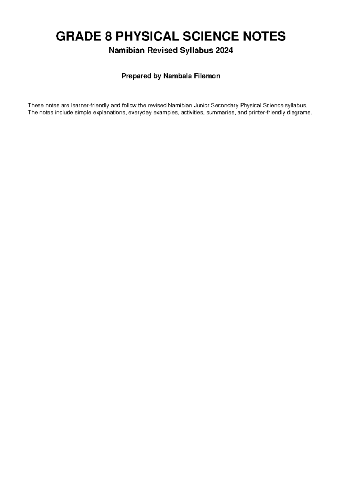 GRADE 8 PHYSICAL SCIENCE NOTES - Namibian Revised Syllabus 2024 - Studocu