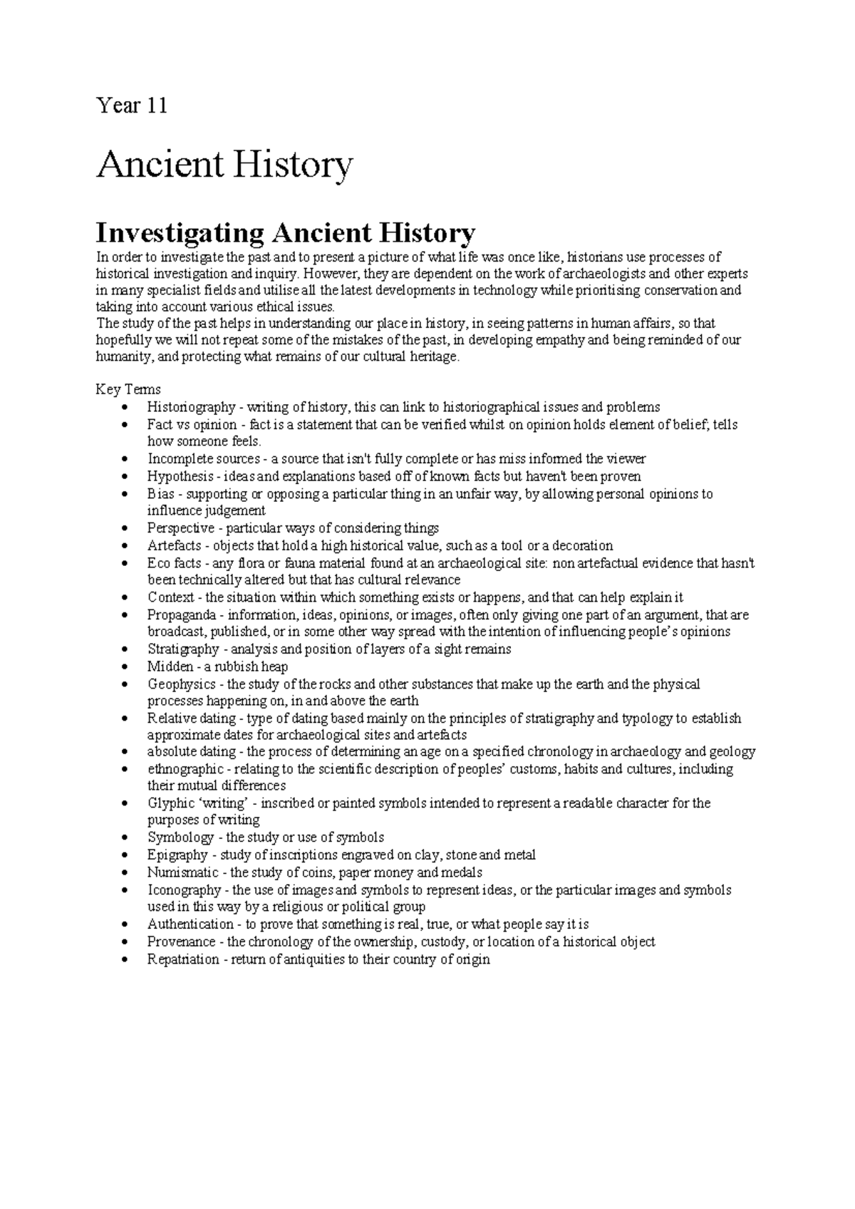 Year 11 Ancient History Study Notes: Investigating the Past - Studocu