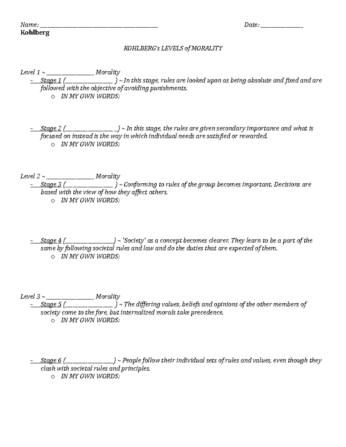 Kohlberg's Levels of Morality Worksheet – Understanding Ethical ...