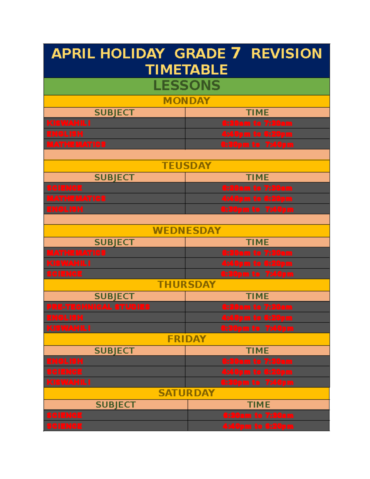 Grade 7 April Holiday Revision Timetable for Lessons - Studocu