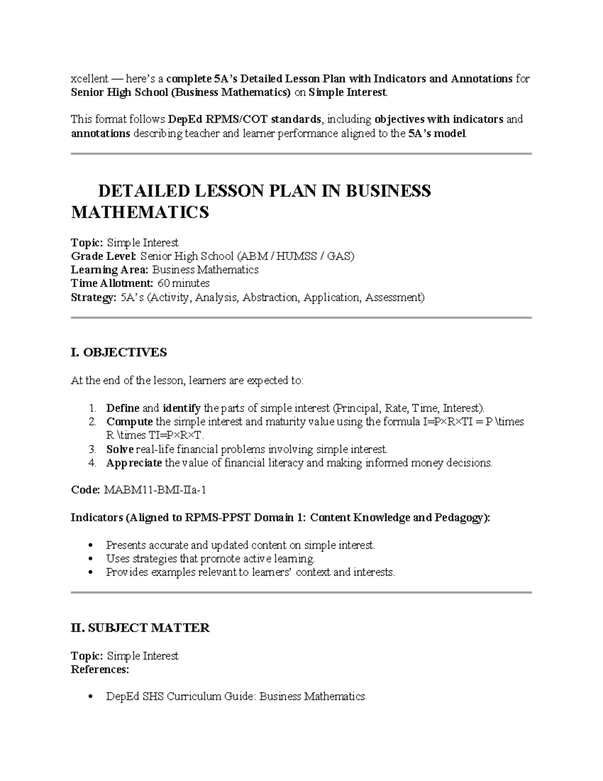 Detailed Lesson Plan on Simple Interest for SHS (ABM HUMSS GAS) - Studocu