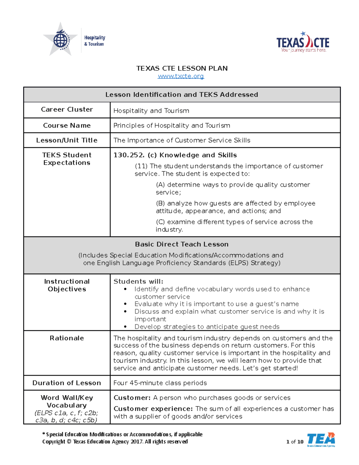 Lesson Plan The Importance of Customer Service Skills - TEXAS CTE ...