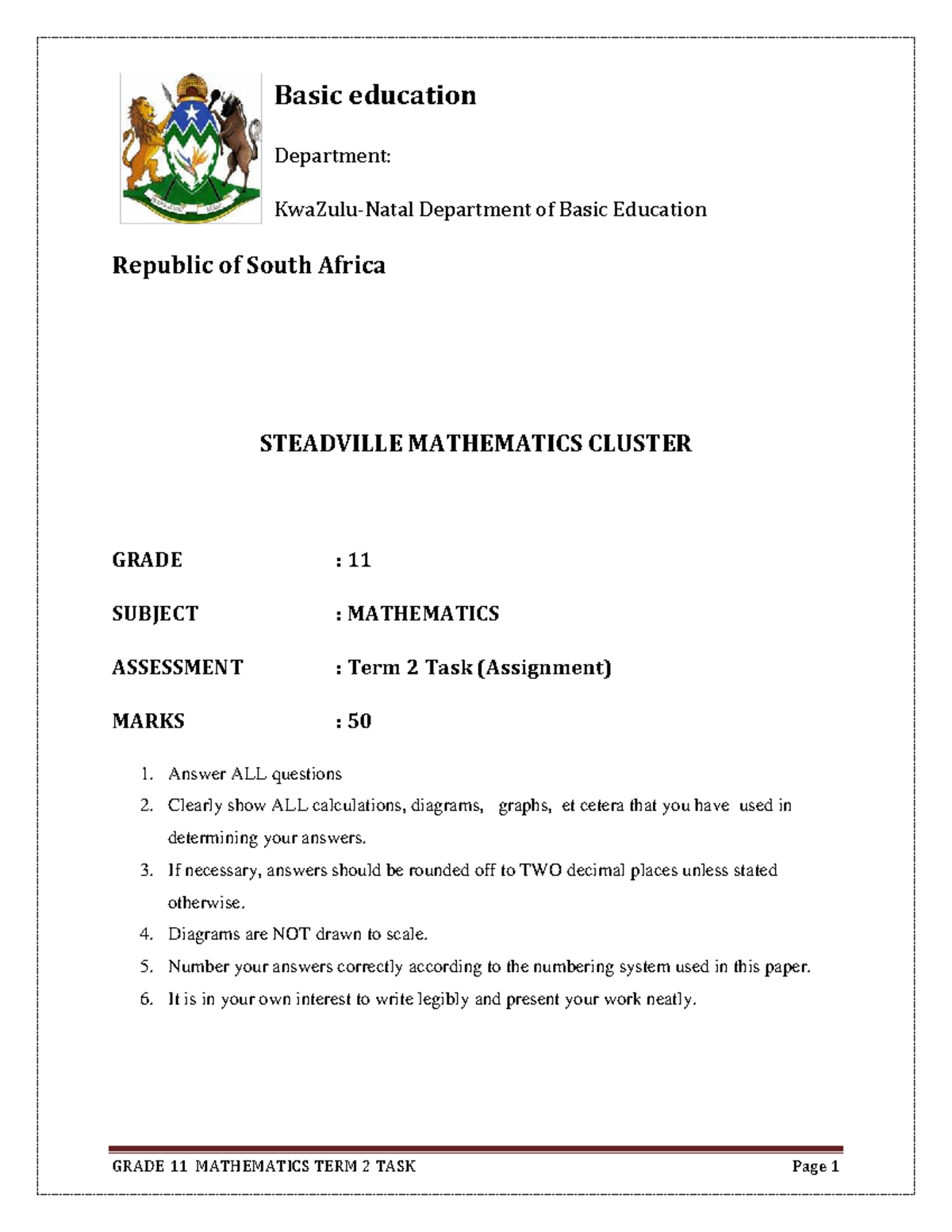 Grade 11 Mathematics Term 2 Assignment - Steadville Cluster - Studocu