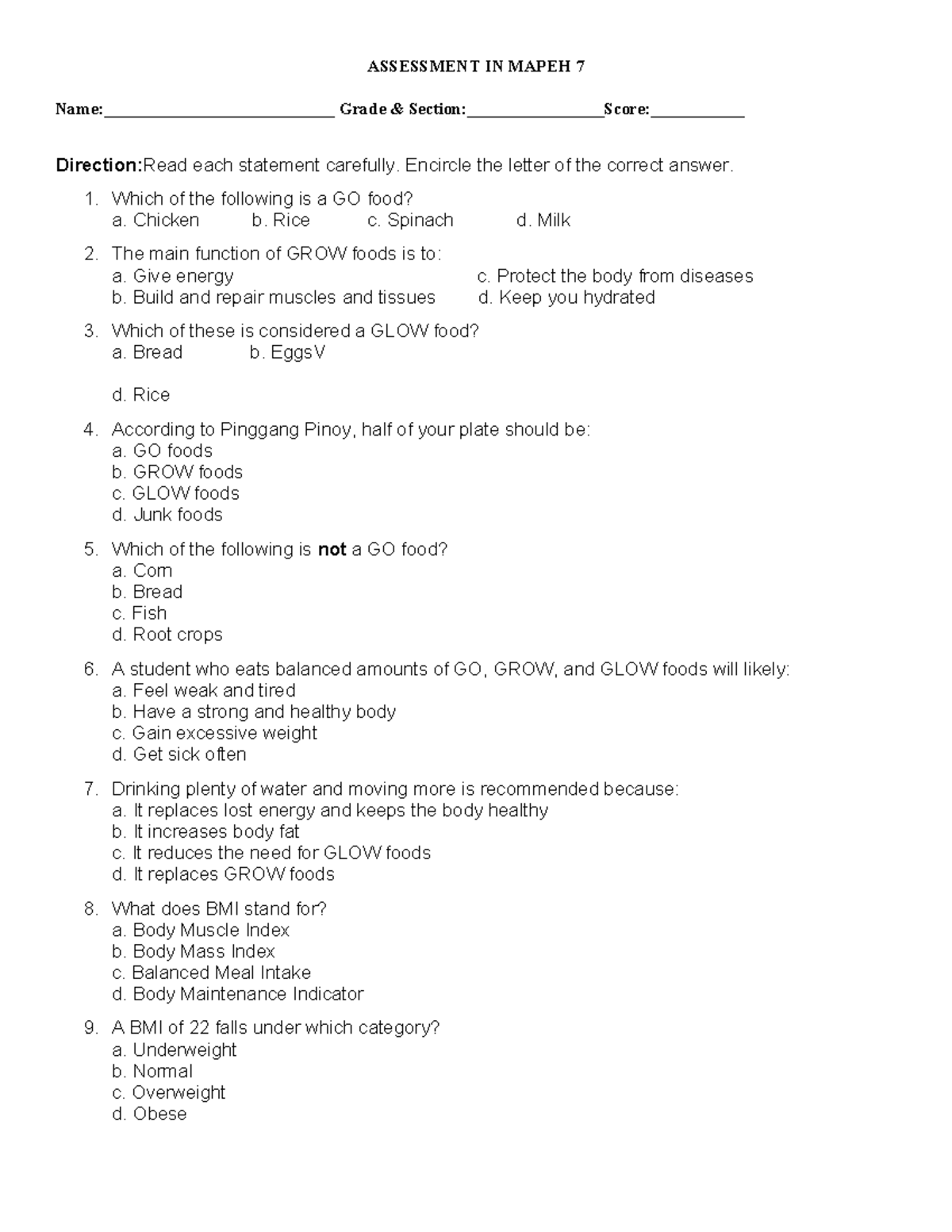 MAPEH 7 Assessment: Lecture Notes for Nutrition Understanding - Studocu
