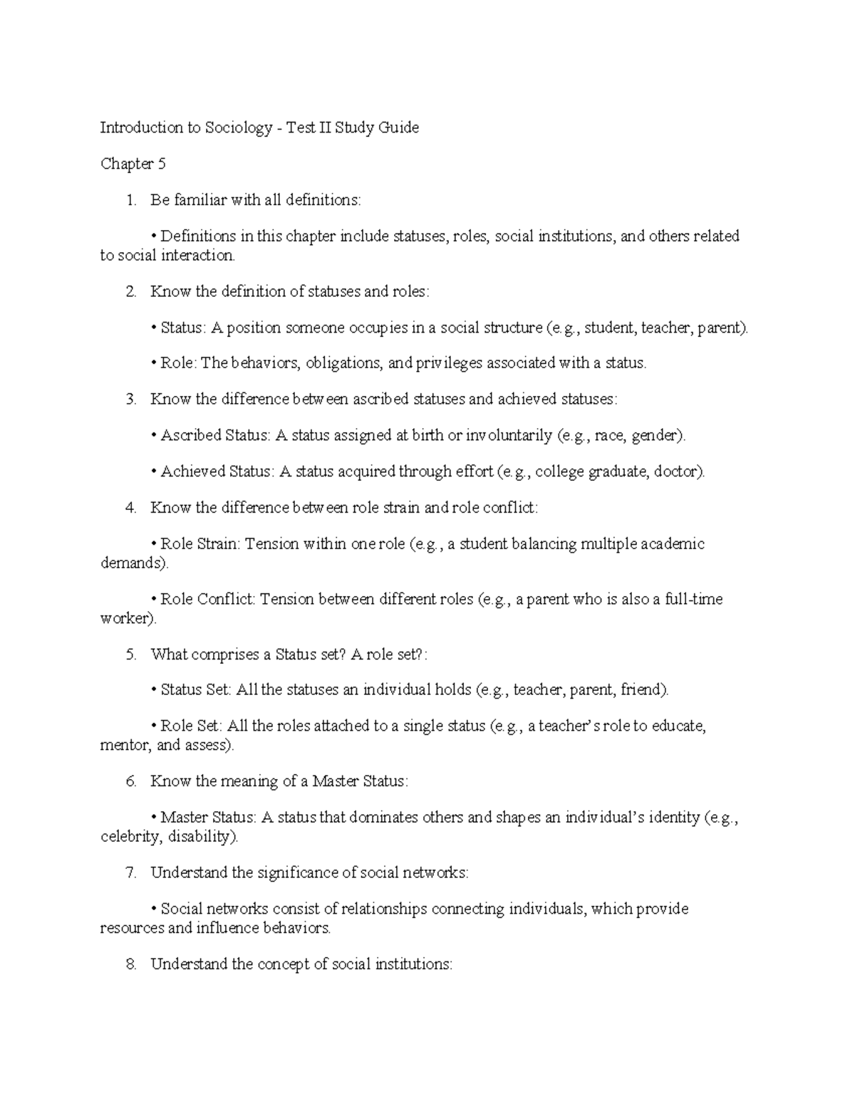 Introduction to Sociology - Test II Study Guide Notes - Studocu