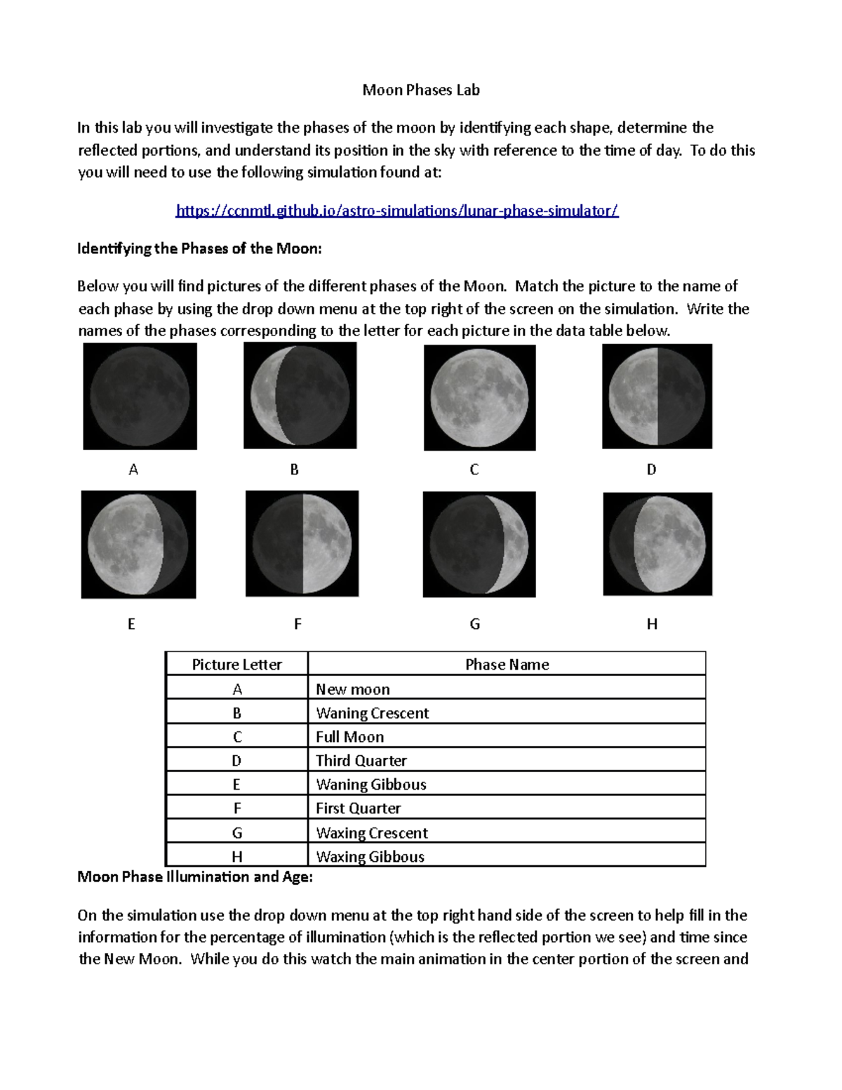 Moonphases lab - In this lab you will investigate the phases of the ...