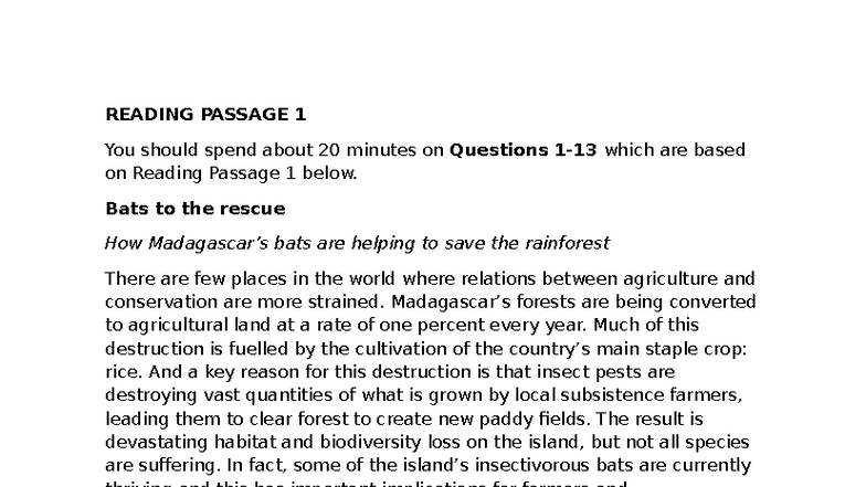 Bats to the Rescue: Reading Passage C17 on Conservation and Agriculture ...
