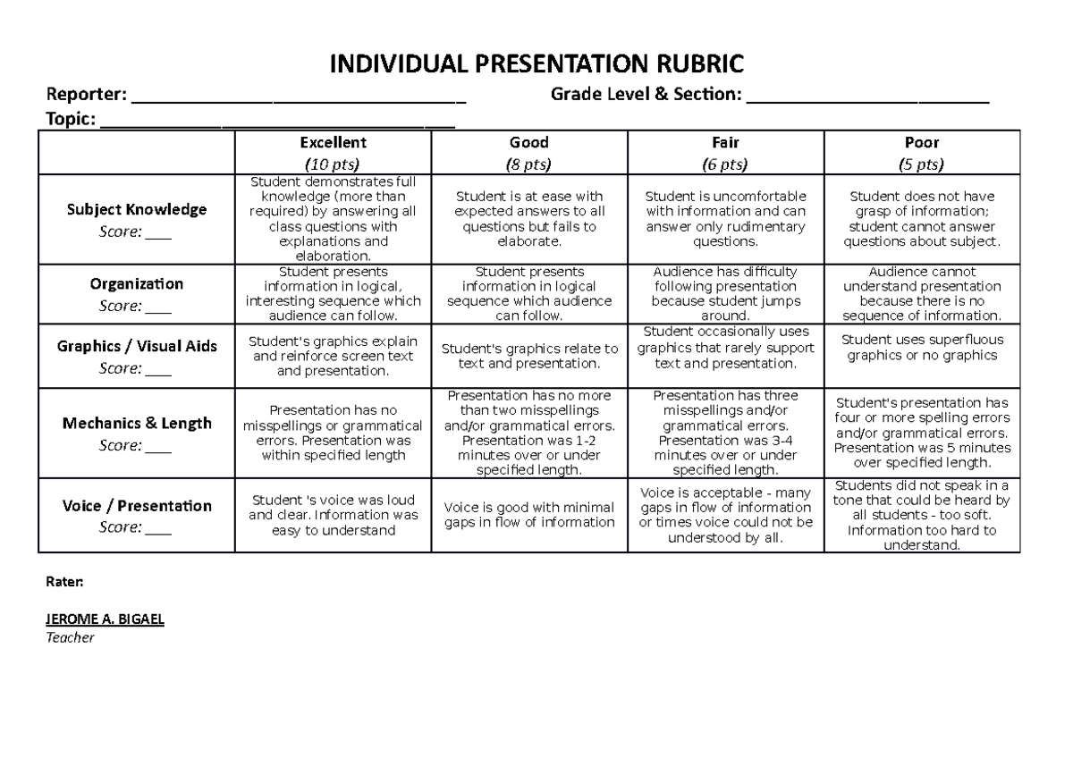 Individual or Group Presentation Rubric - INDIVIDUAL PRESENTATION ...