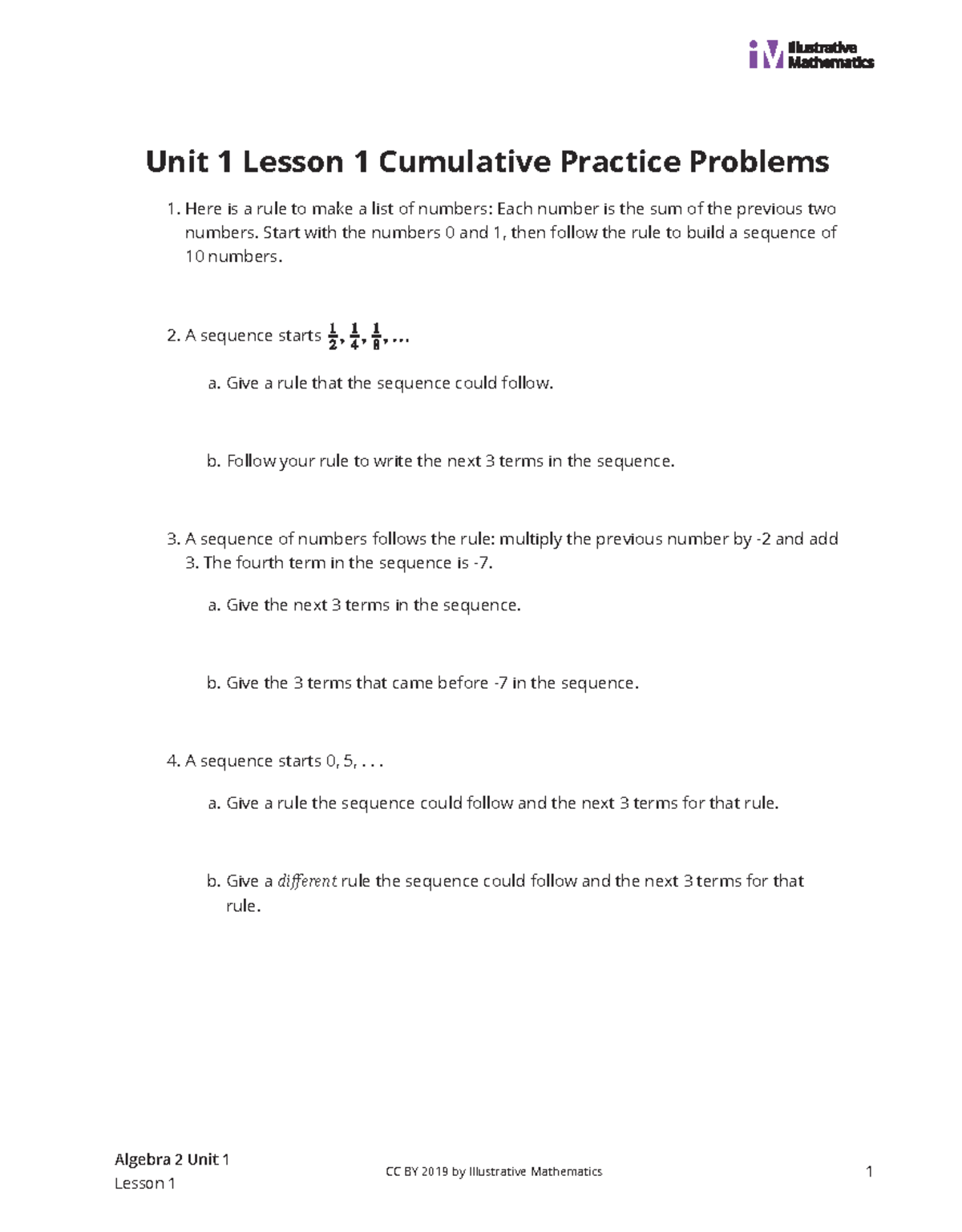 Algebra 2 1 1 Lesson curated practice problem set - Unit 1 Lesson 1 ...