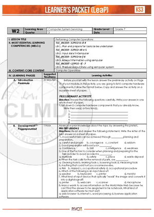 G7 TLE 7 Final Exam: Computer System Servicing Worksheets - Studocu