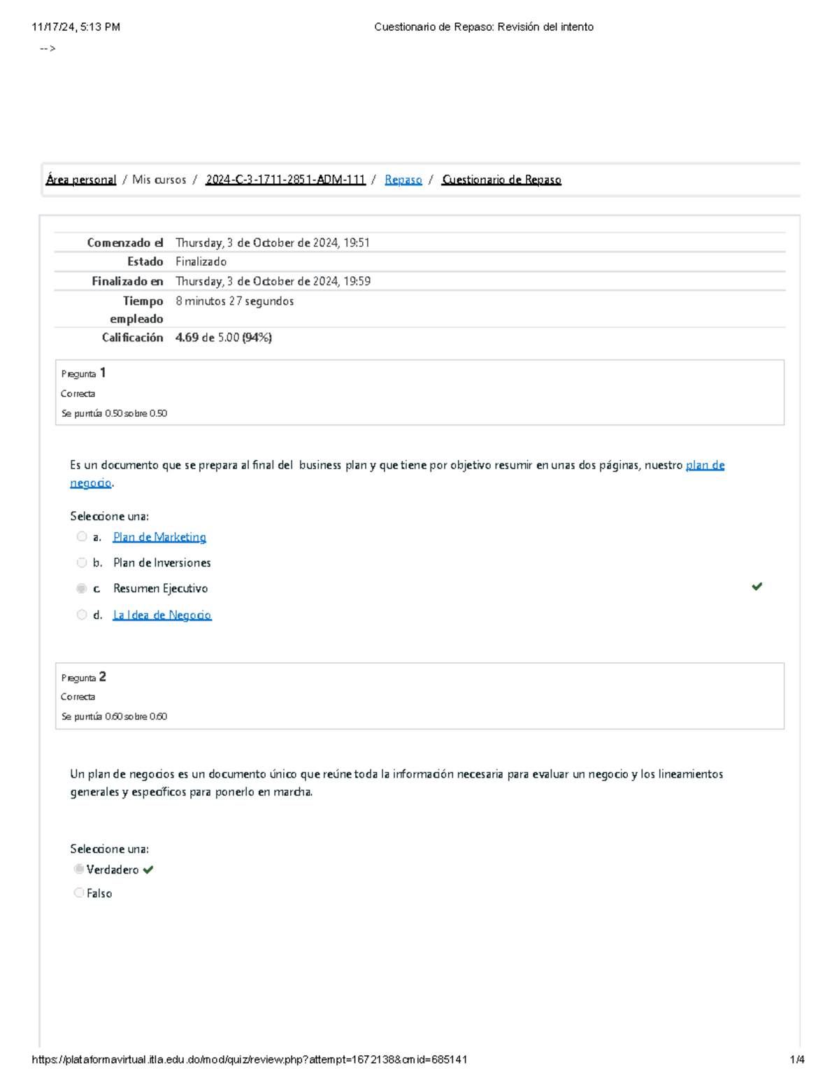 Cuestionario de Repaso: Business Plan (ADM-111) - Studocu