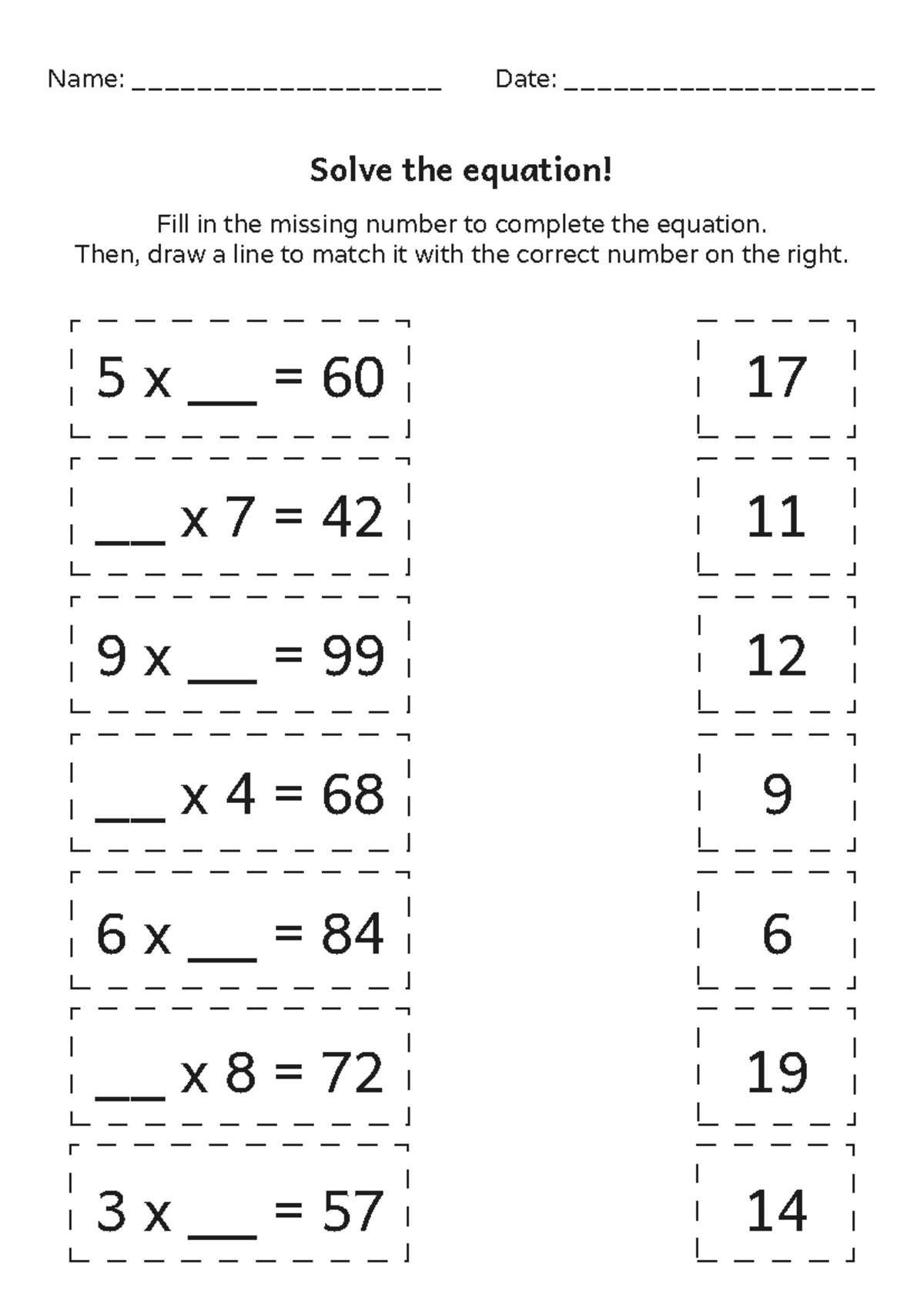 Solve Multiplication Equations - 3rd Grade Worksheet - Name ...