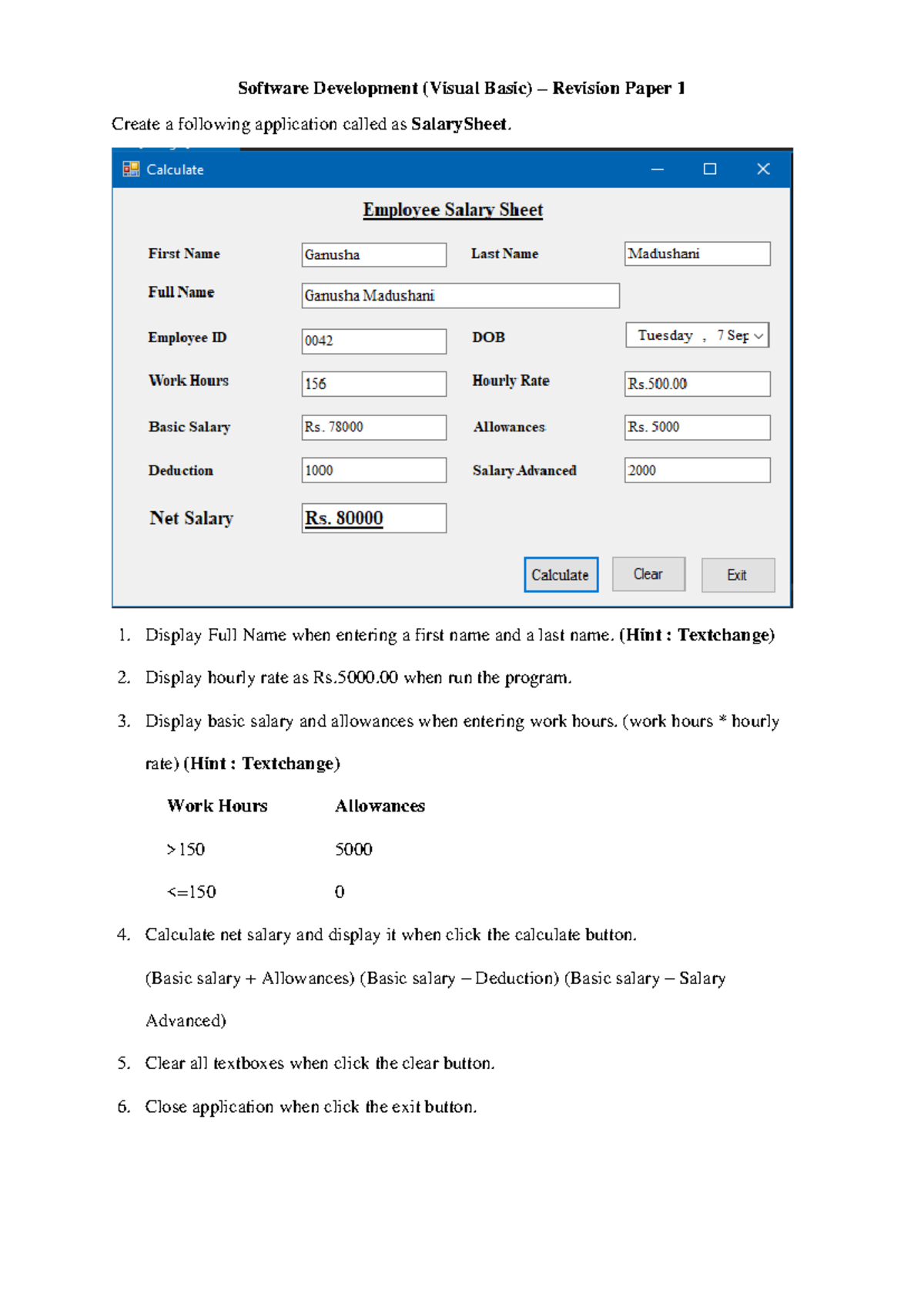 Employee Salary Sheet - Software Development (Visual Basic) – Revision ...