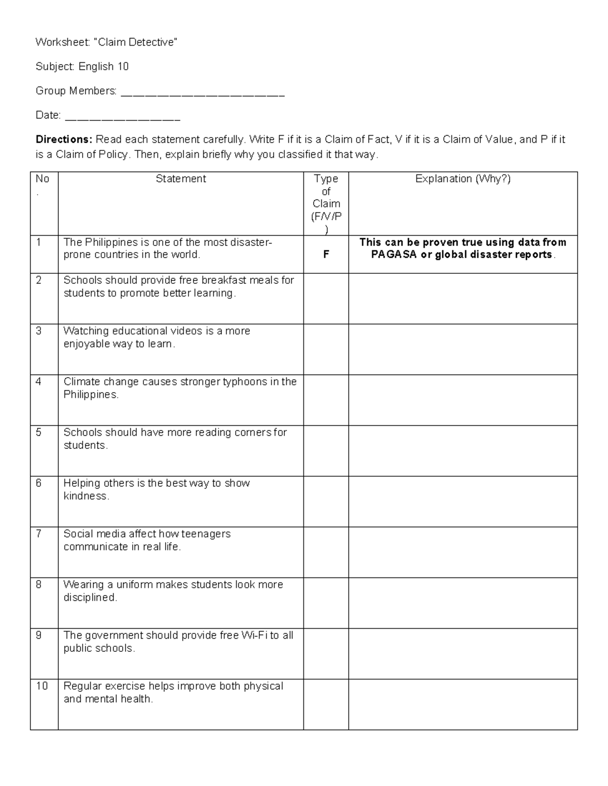 Claim Detective Worksheet: English 10 Analysis of Claims - Studocu