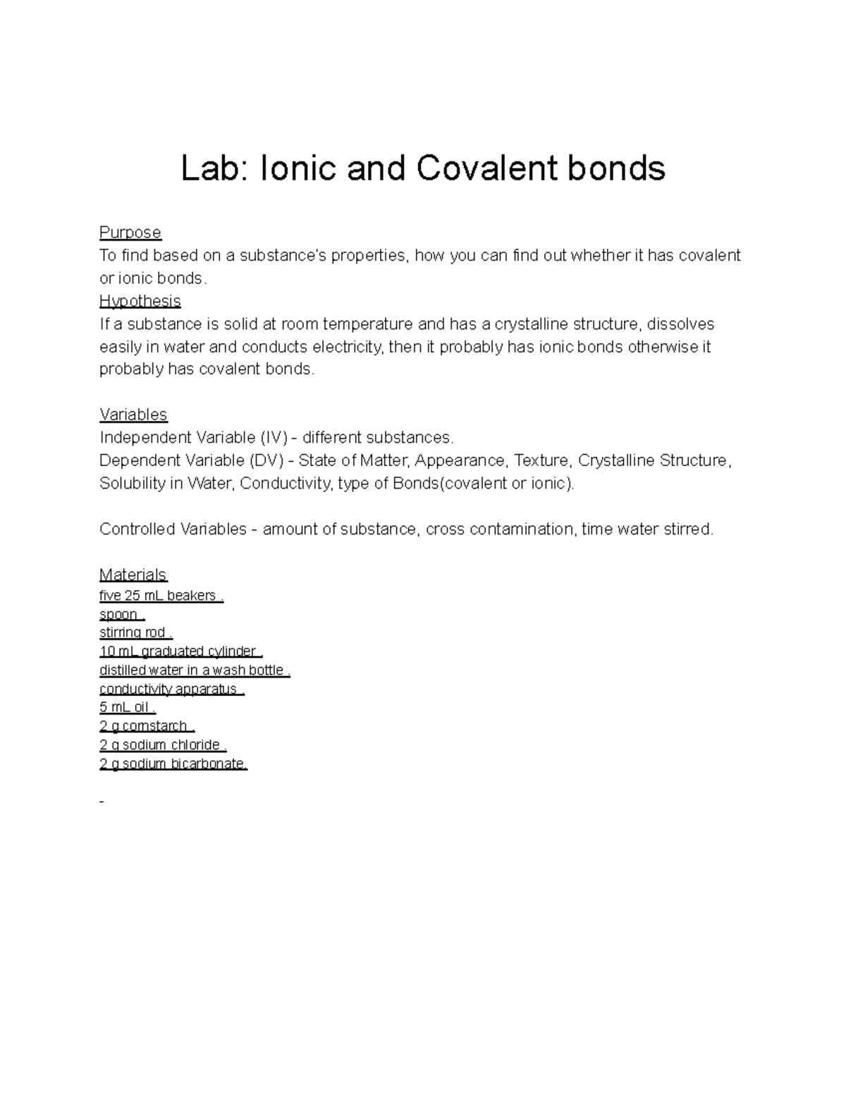Lab Report: Investigation of Ionic and Covalent Bonds in Substances ...