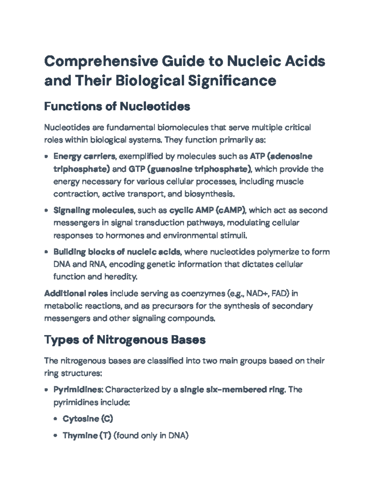 Comprehensive Study of Nucleic Acids: Functions and Structures - Studocu