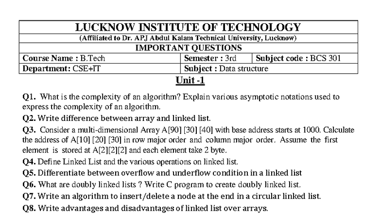 B.Tech BCS 301 Data Structures: Important Questions for 3rd Sem - Studocu