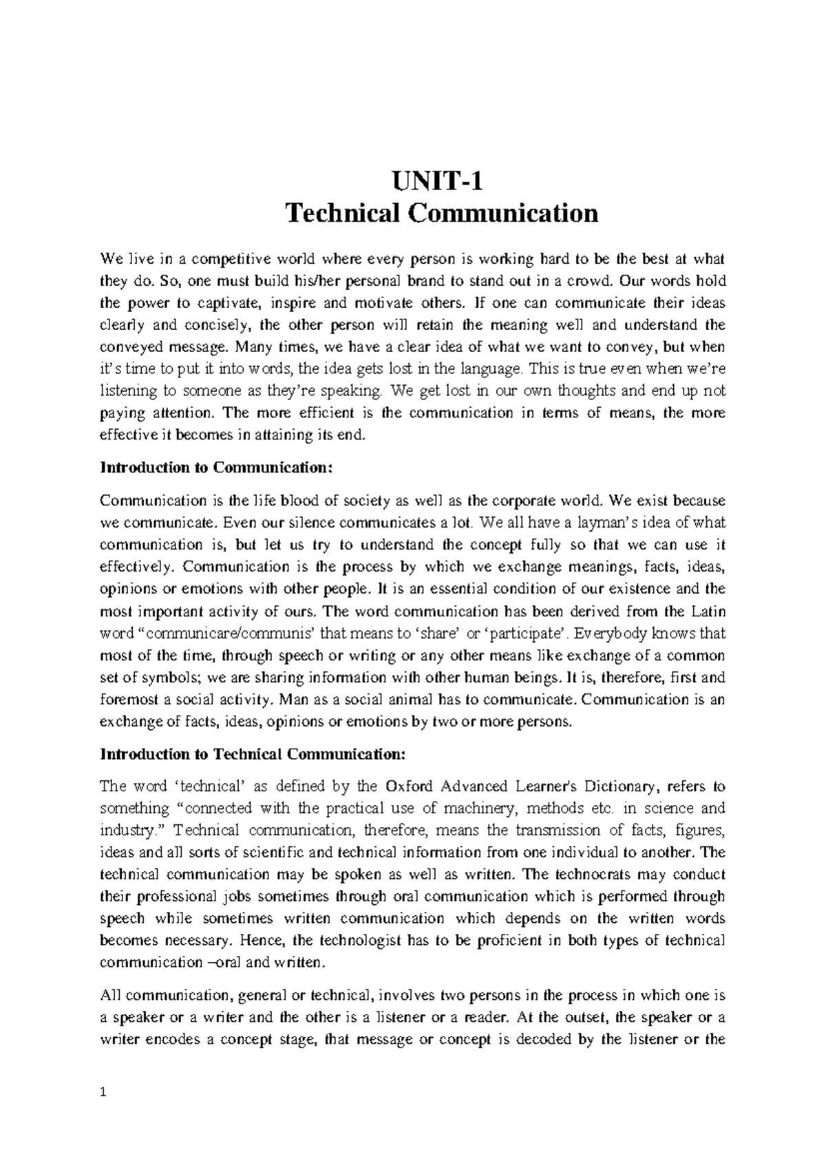 UNIT-1 Technical Communication Overview and Key Concepts - Studocu