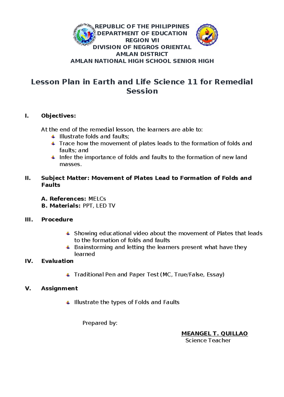 Remedial Lesson Plan in Earth and Life Science 11 for Folds and Faults ...