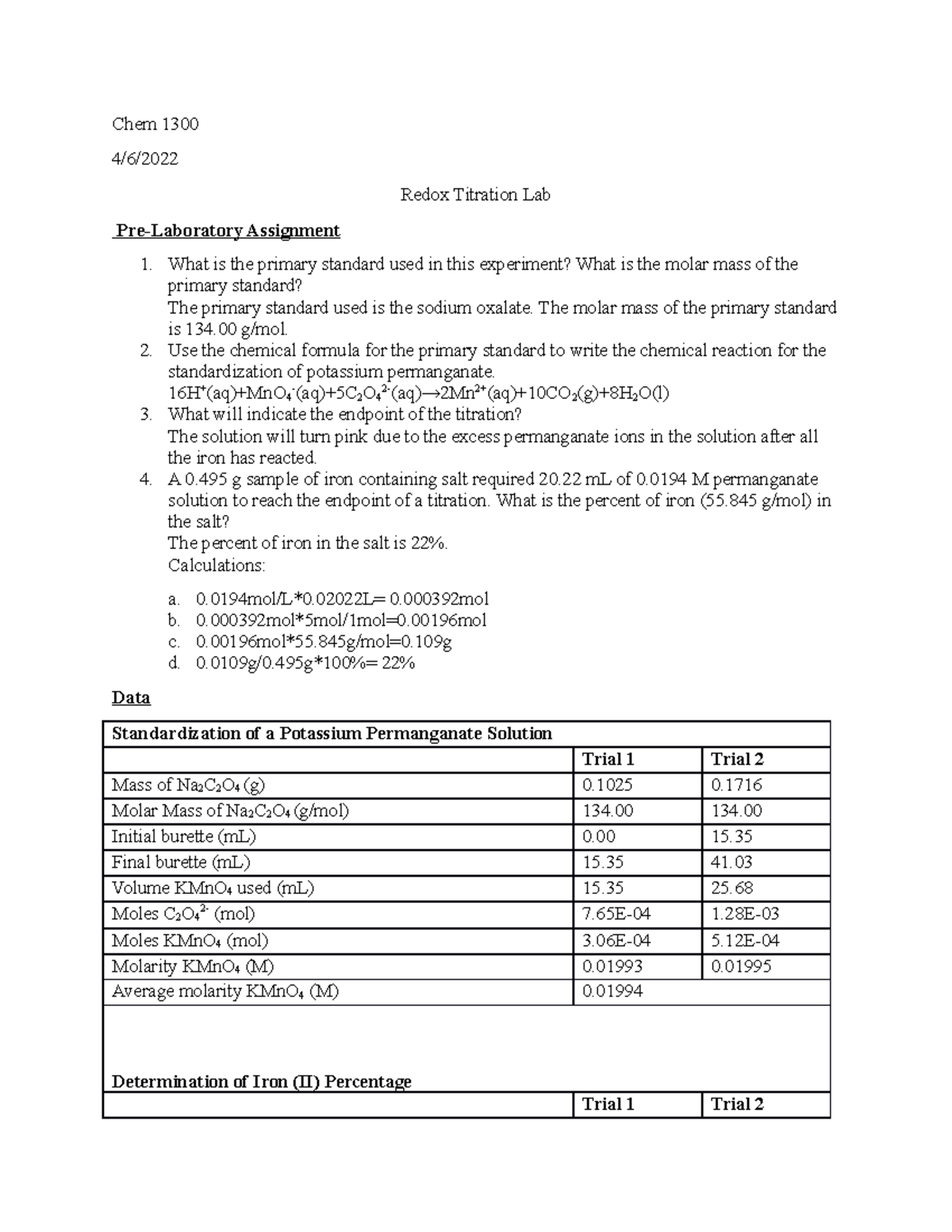 Chem 1300 Redox Titration Lab Notes and Calculations - Studocu
