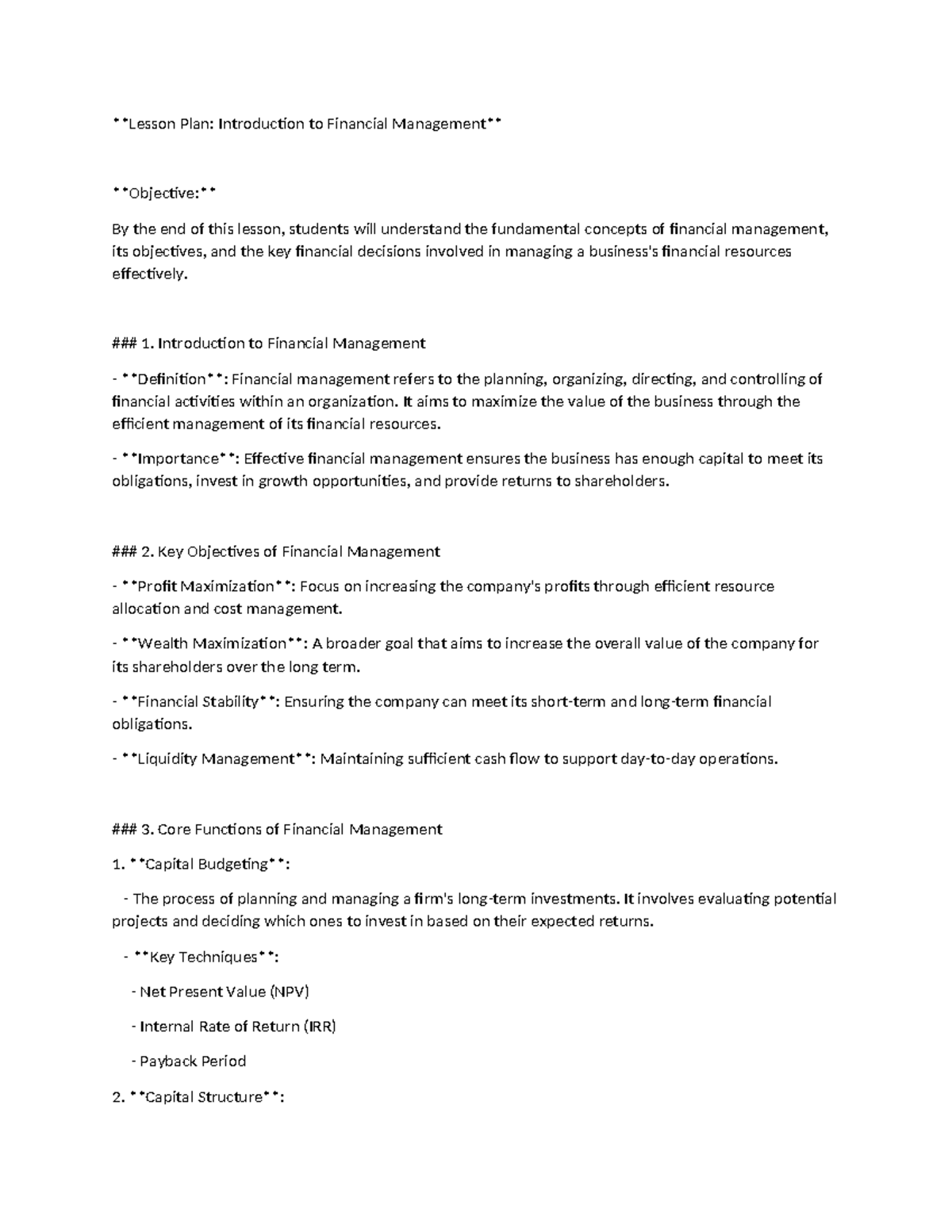 Financial Management Lesson Plan: Key Concepts & Objectives - Studocu