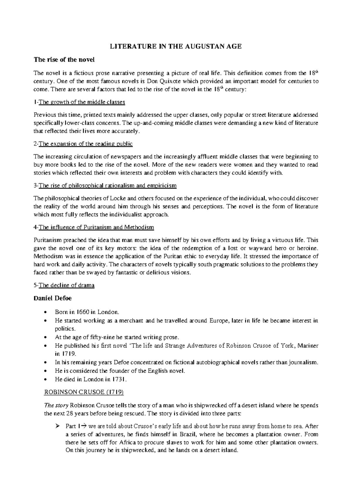 LIT 101: Literature in the Augustan Age - The Rise of the Novel - Studocu