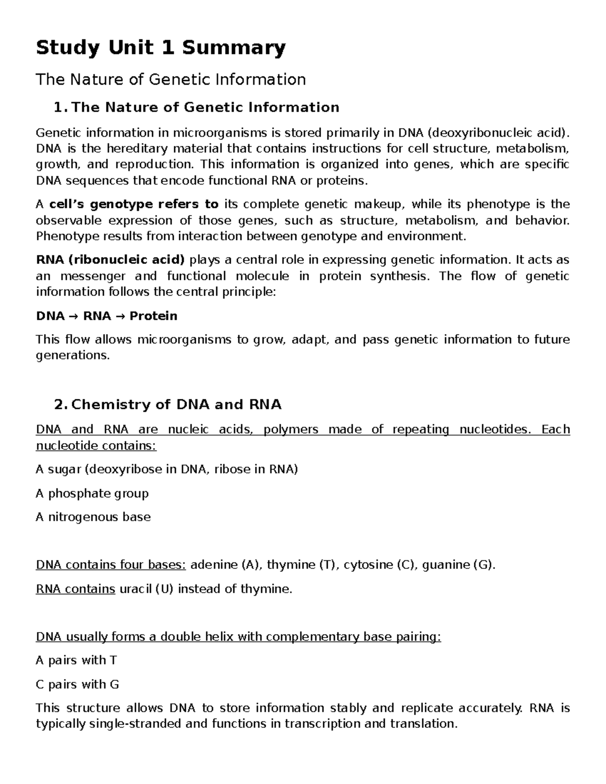 Study Unit 1: Summary of Genetic Information and DNA/RNA - Studocu