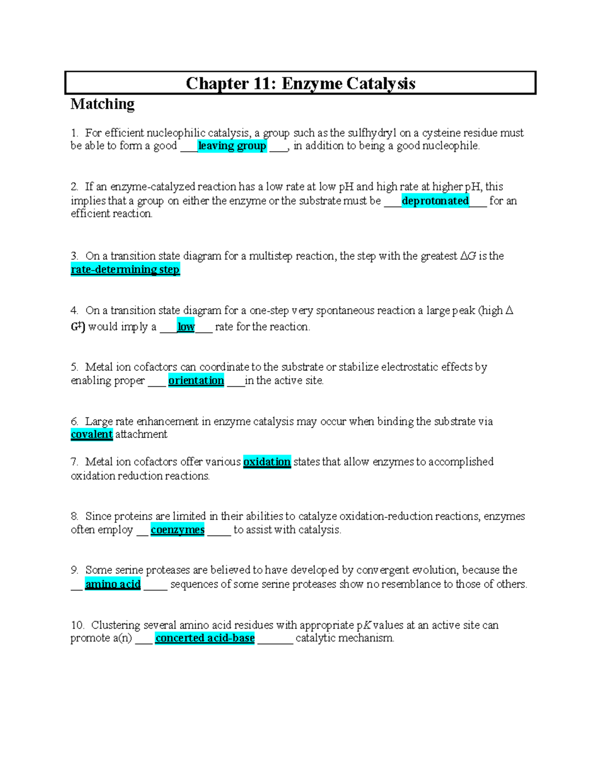 Biochem Problem Set 2 - practice - Chapter 11: Enzyme Catalysis ...