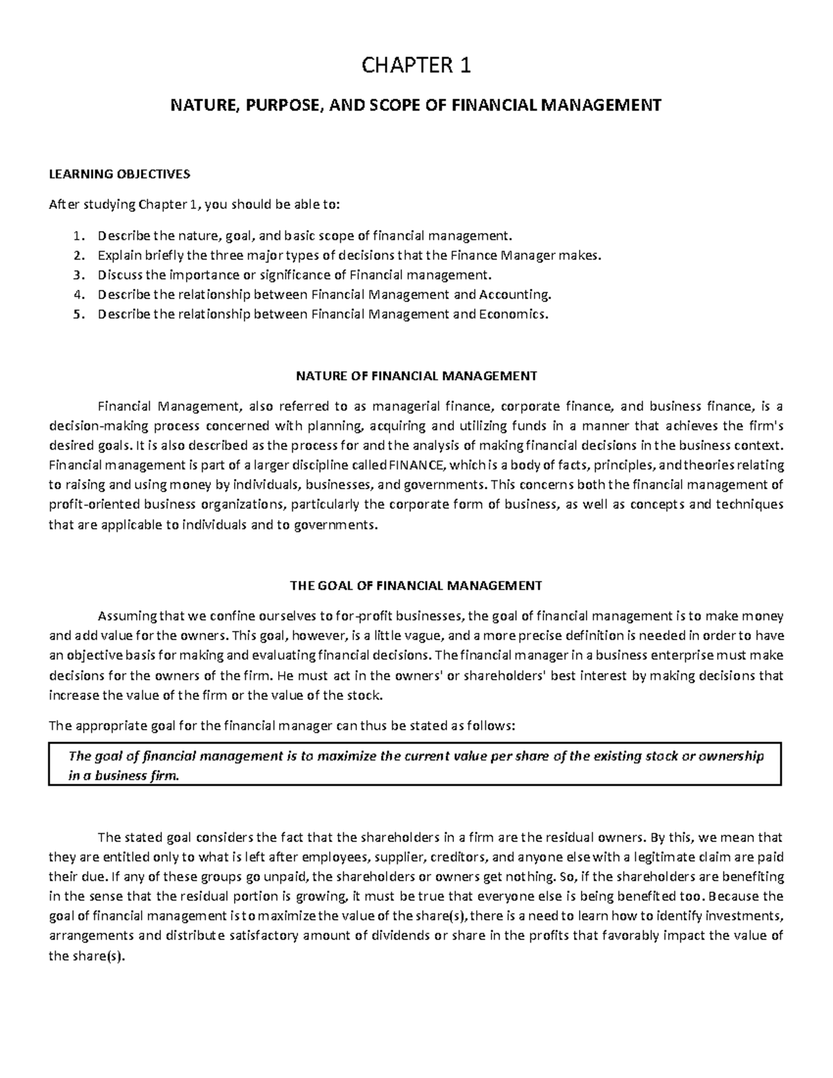 Chapter 1: Introduction to Financial Management Concepts and Goals ...
