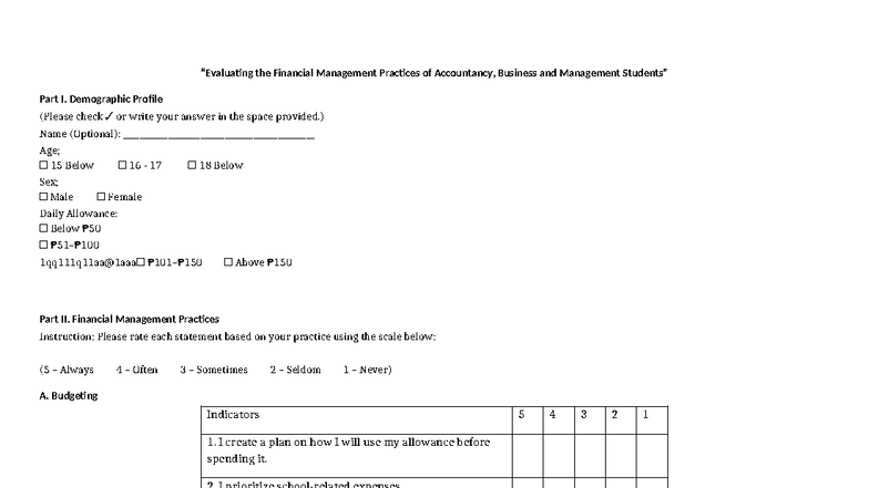 Financial Management Practices Questionnaire - ABM Part I - Studocu