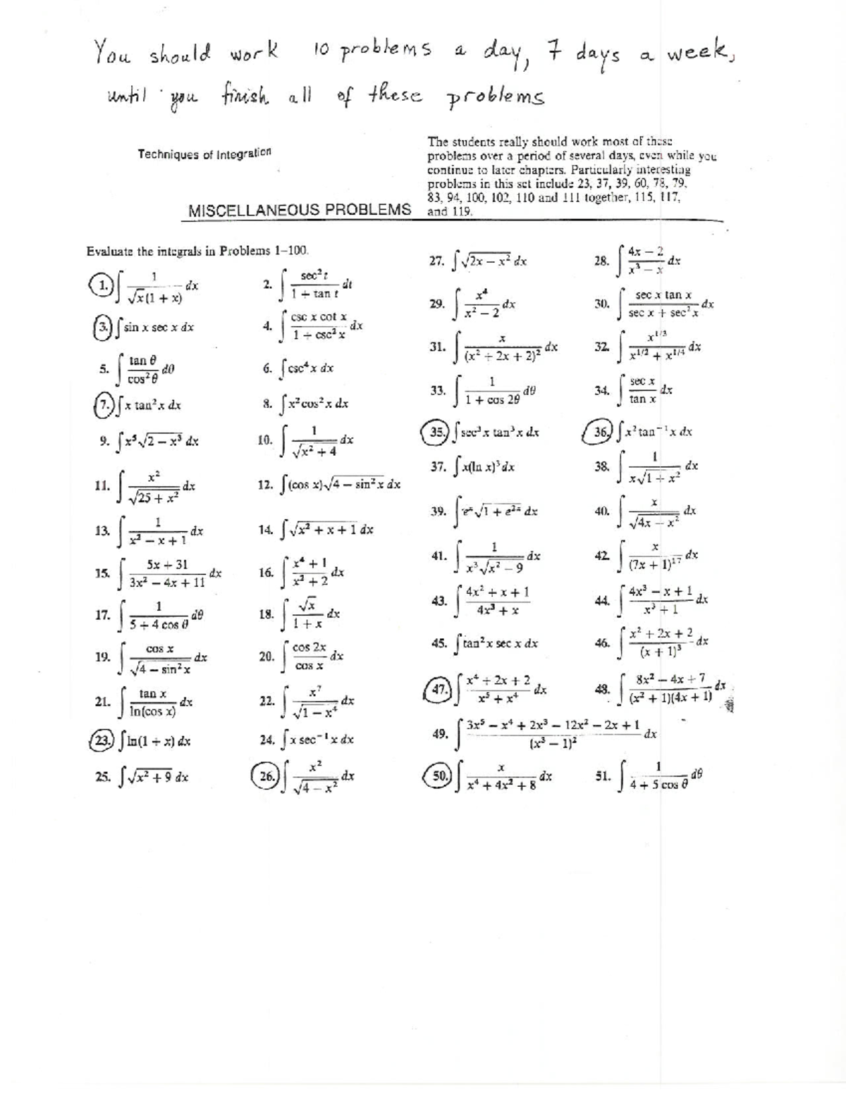 Techniques of Integration: 100 Problems for Practice (MATH 101) - Studocu