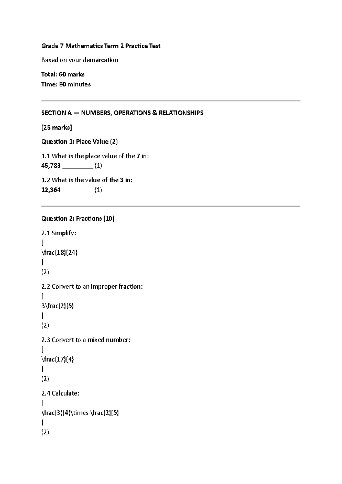 Grade 7 Math Term 2 Practice Test - 60 Marks, 80 Minutes - Studocu