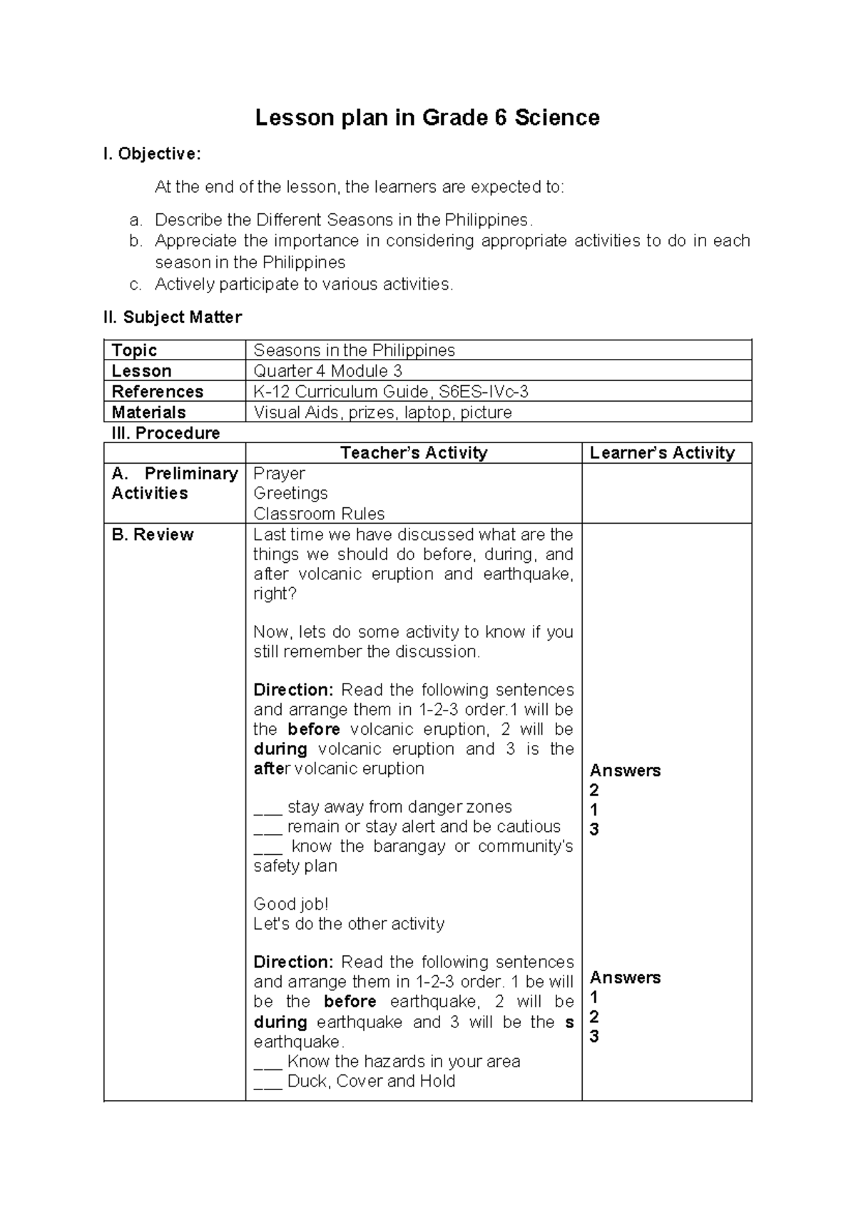 Grade 6 Science Lesson Plan: Understanding Seasons in the Philippines ...
