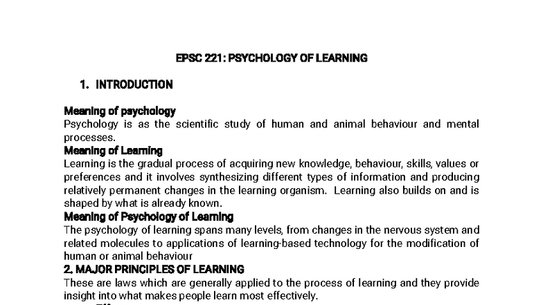EPSC 221: Psychology of Learning - Key Concepts and Principles - Studocu