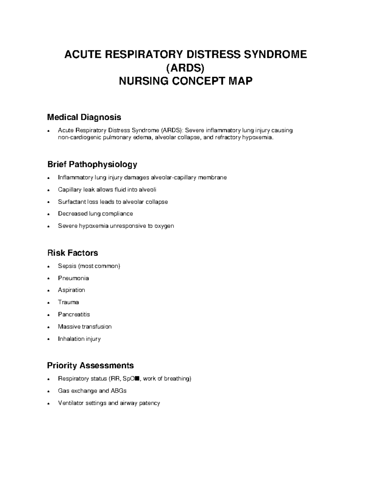 Nursing Concept Map for ARDS: Medical Diagnosis & Care Plan - Studocu