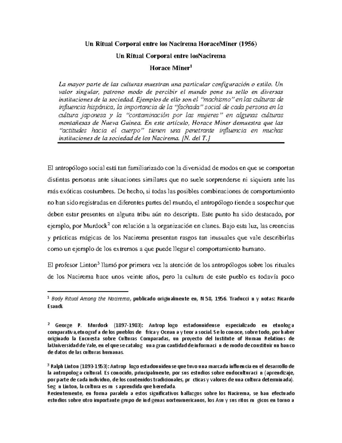 Análisis del Ritual Corporal en los Nacirema - Horace Miner (1956 ...