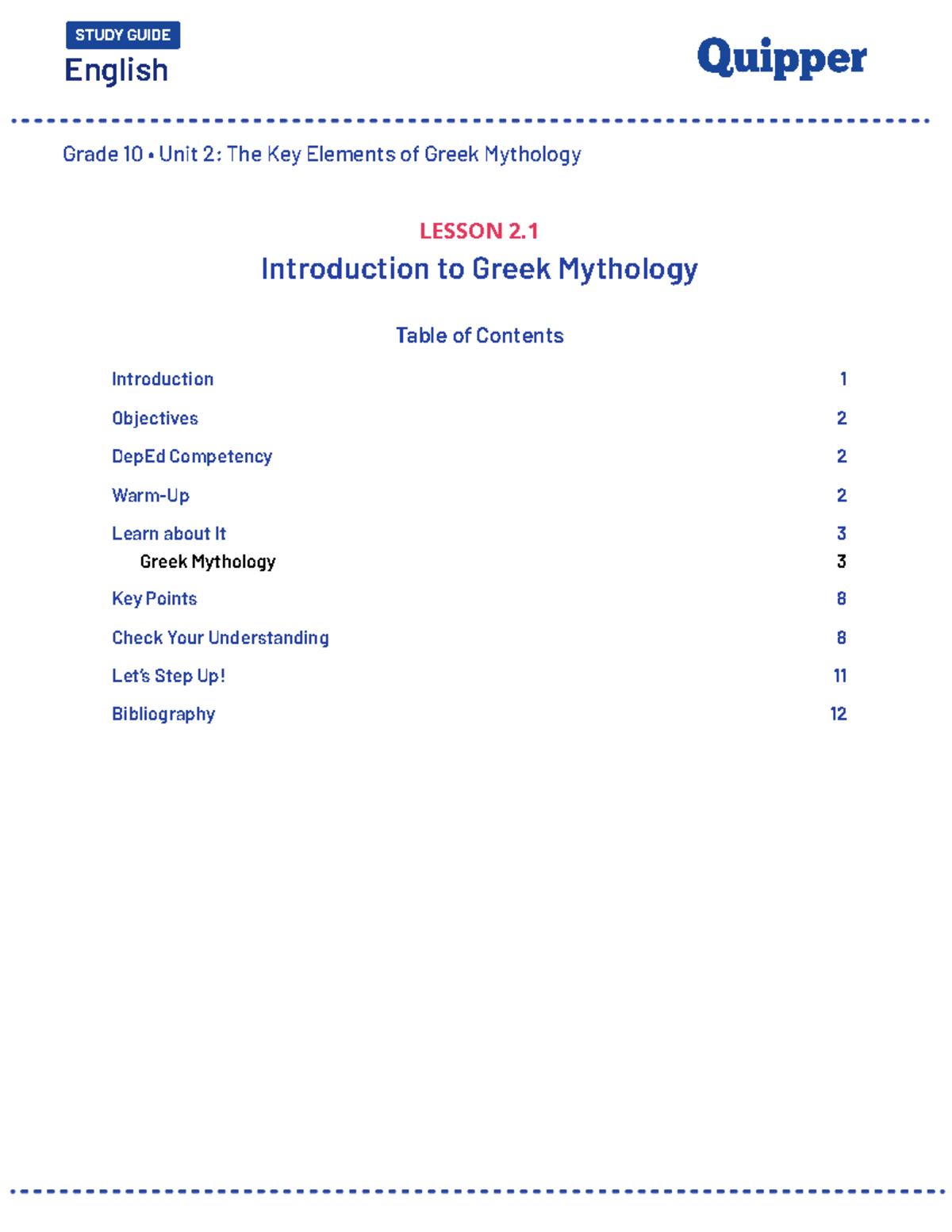 ME Eng 10 Unit 2 Lesson 2: Key Elements of Greek Mythology - Studocu